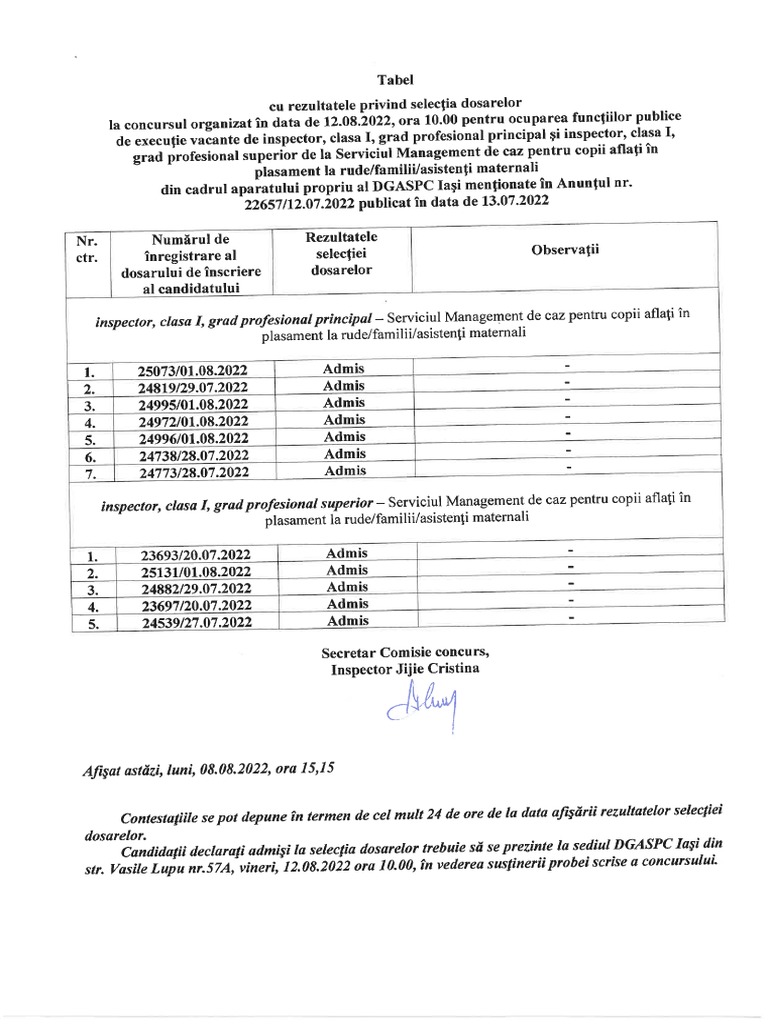 Tabel Cu Rezultatele Selectiei Dosarelor 0808 | PDF