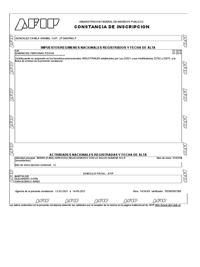 Constancia de Inscripción AFIP | PDF | Finanzas y dinero
