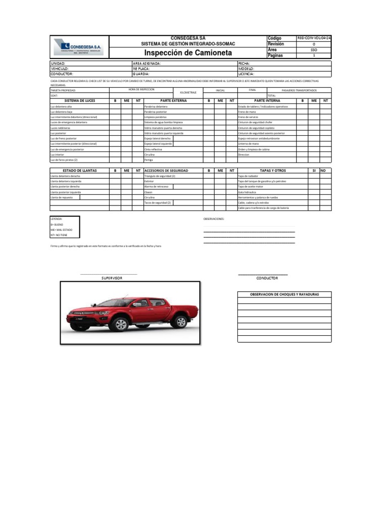 Check List de Inspección Diaria Pre-Uso Camionetas | PDF | Tecnologías ...