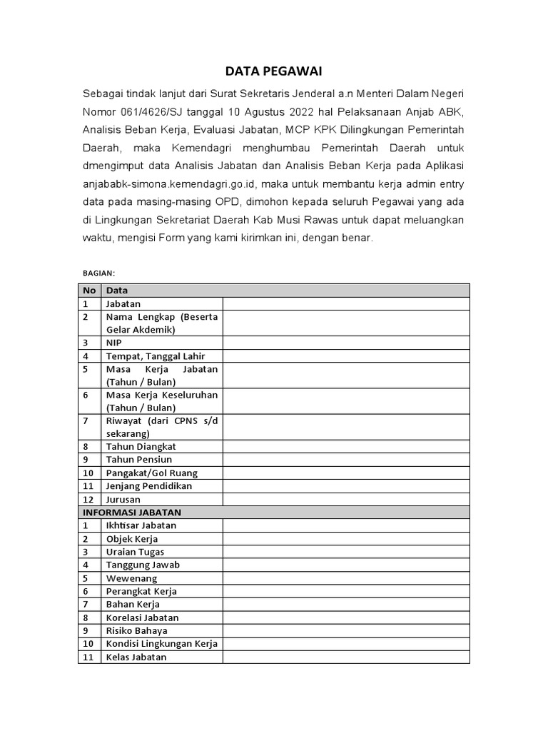 DATA PEGAWAI Untuk Entry Data Anjab ABK Di Simona | PDF