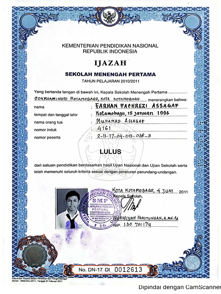 Berkas Syarat Pengajuan NUPTK Ijasah SMP An Farhan F Assagaf | PDF