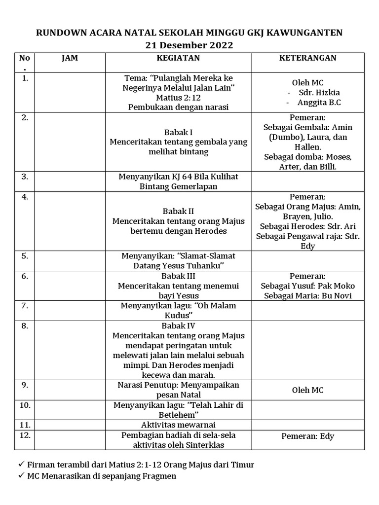 Rundown Acara Natal Sekolah Minggu GKJ Kawunganten 21 Desember 2022 | PDF