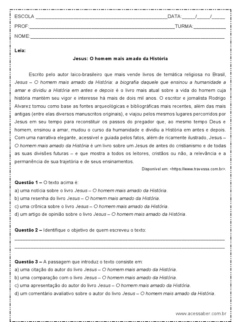 Interpretacao de Texto Resenha de Livro 8º Ano Word | PDF | Jesus | Livros