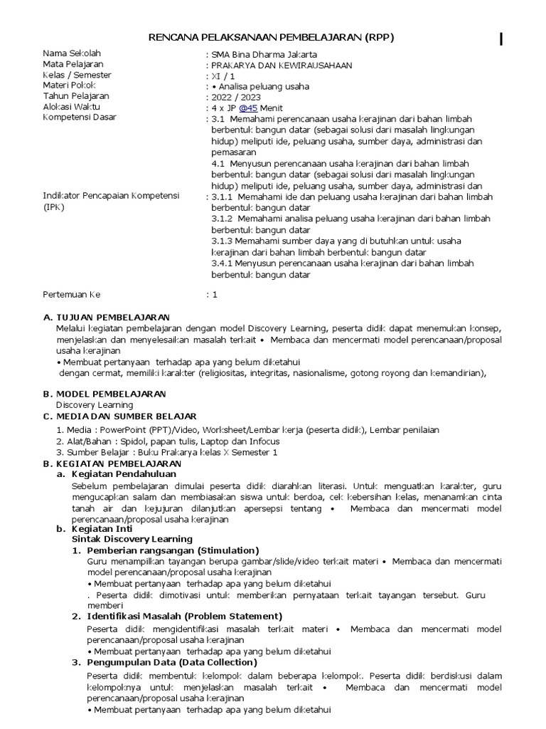 RPP Kls XI Prakarya 01 | PDF | Pengembangan Diri