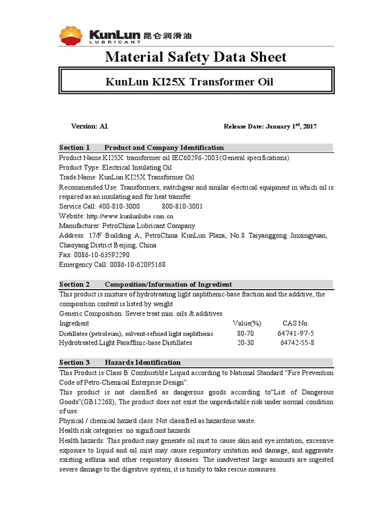 MSDS - KI25X Transformer Oil | PDF | Water | Carbon Dioxide