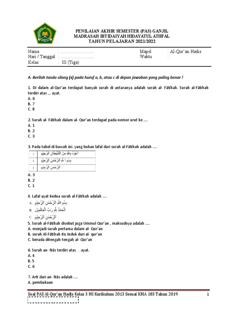 Pas Al-Quran Hadis Kelas 3 Mi Sem 1 | PDF