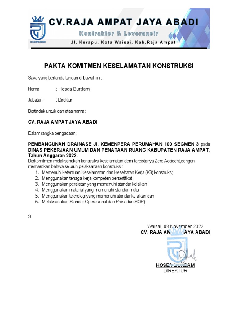 Pakta Komitmen Keselamatan Konstruksi | PDF