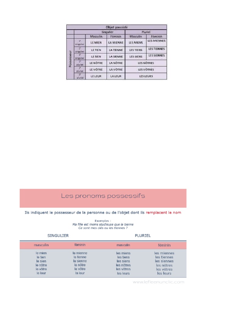 Les Pronoms Possessifs (Tableau) | PDF