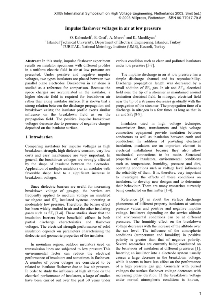 Impulse Flashover Voltages in Low Pressure Air | PDF | Electrical ...