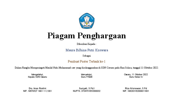 Piagam Penghargaan | PDF