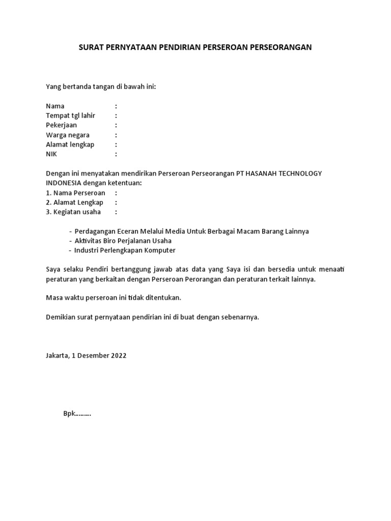 Surat Pernyataan Pendirian Perseroan Perseorangan | PDF
