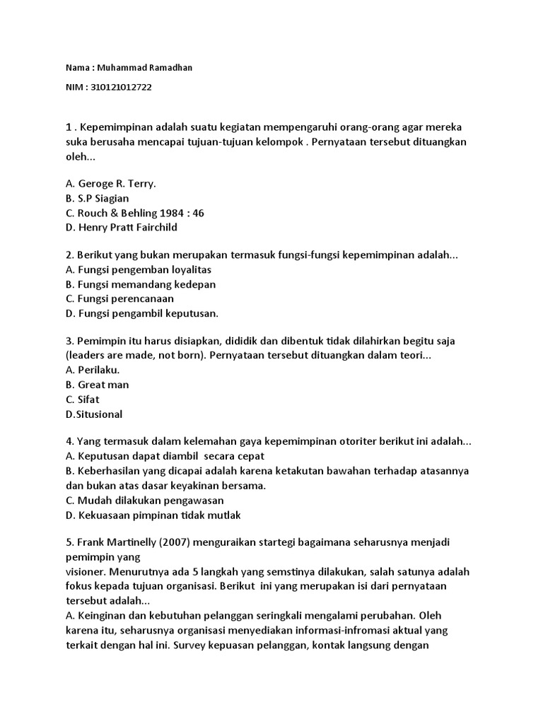 Soal Kepemimpinan | PDF Soal Kepemimpinan | PDF