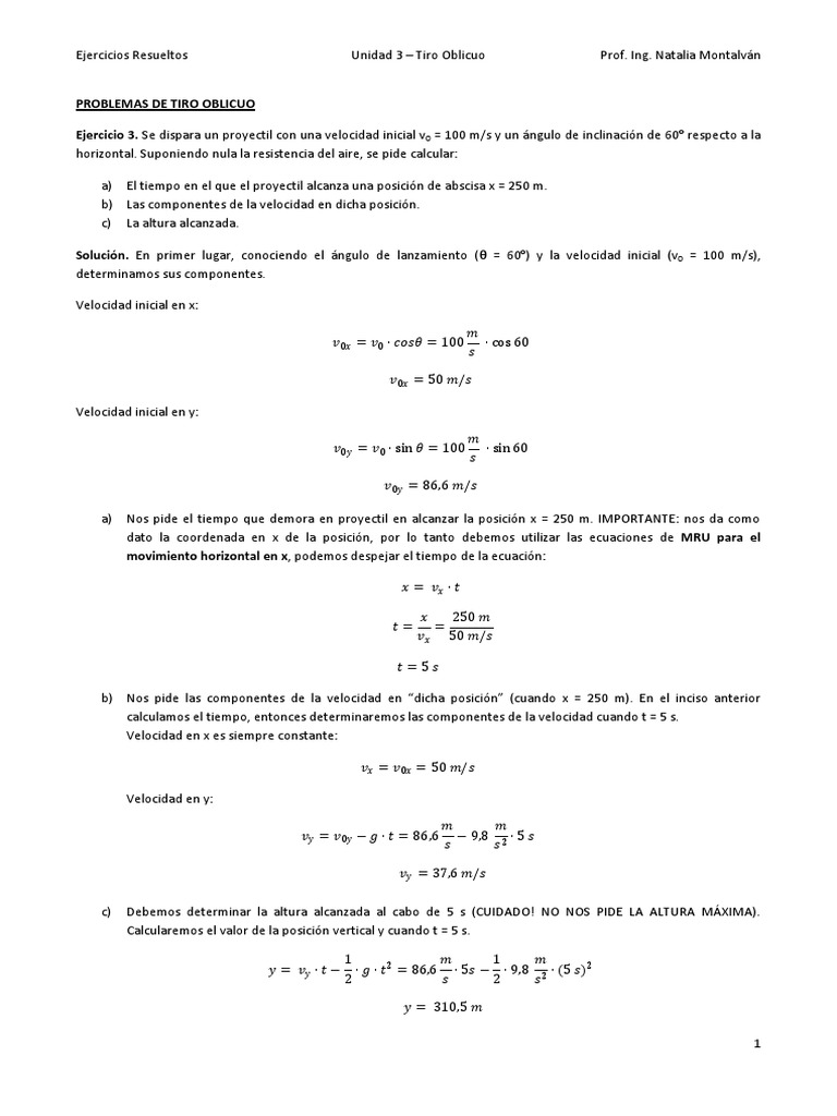 3 - UNIDAD 3 Ejercicios Resueltos Tiro Oblicuo | PDF | Velocidad | Ecuaciones