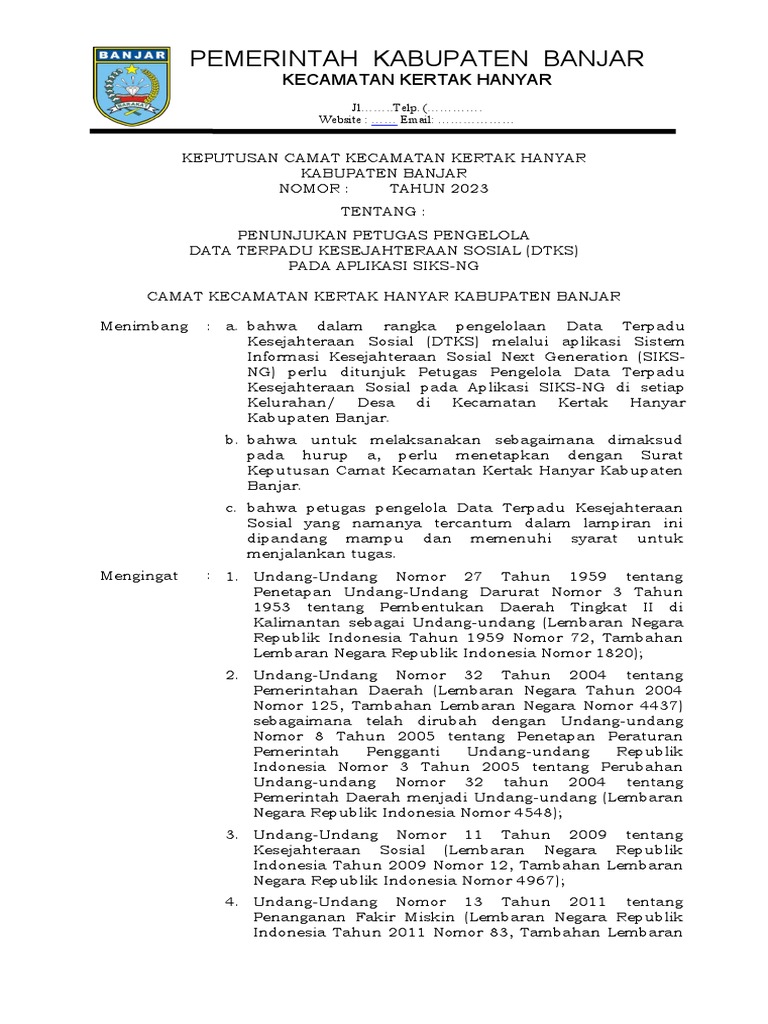 SK Petugas Pengelola DTKS - 2023 (Kec. Kertak Hanyar) | PDF