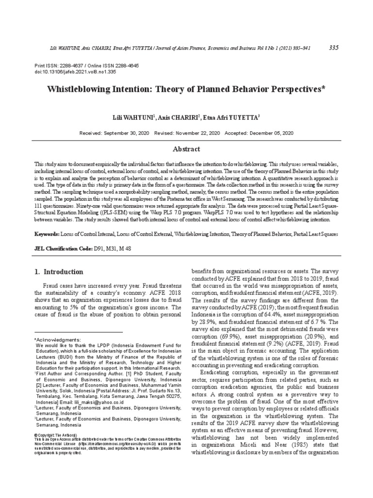 Whistleblowing Intention - Theory of Planned Behavior Perspectives | PDF | Whistleblower ...