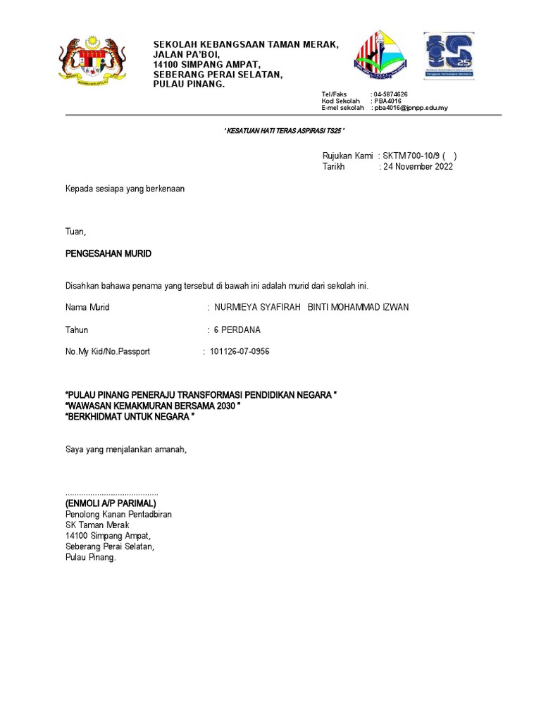 Surat Pengesahan Pelajar 2022 | PDF