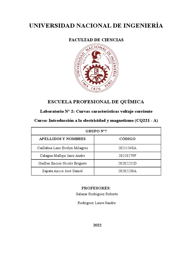 CQ221 A - GRUPO N°7 LABORATORIO #2 NNNN | PDF | Corriente eléctrica | Resistencia Eléctrica y ...