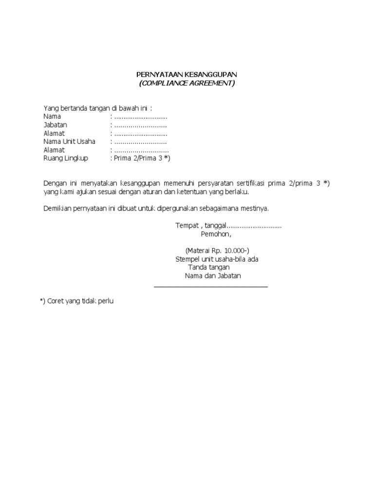 Surat Pernyataan Kesanggupan Sertifikasi Prima 2 Dan Prima 3 | PDF
