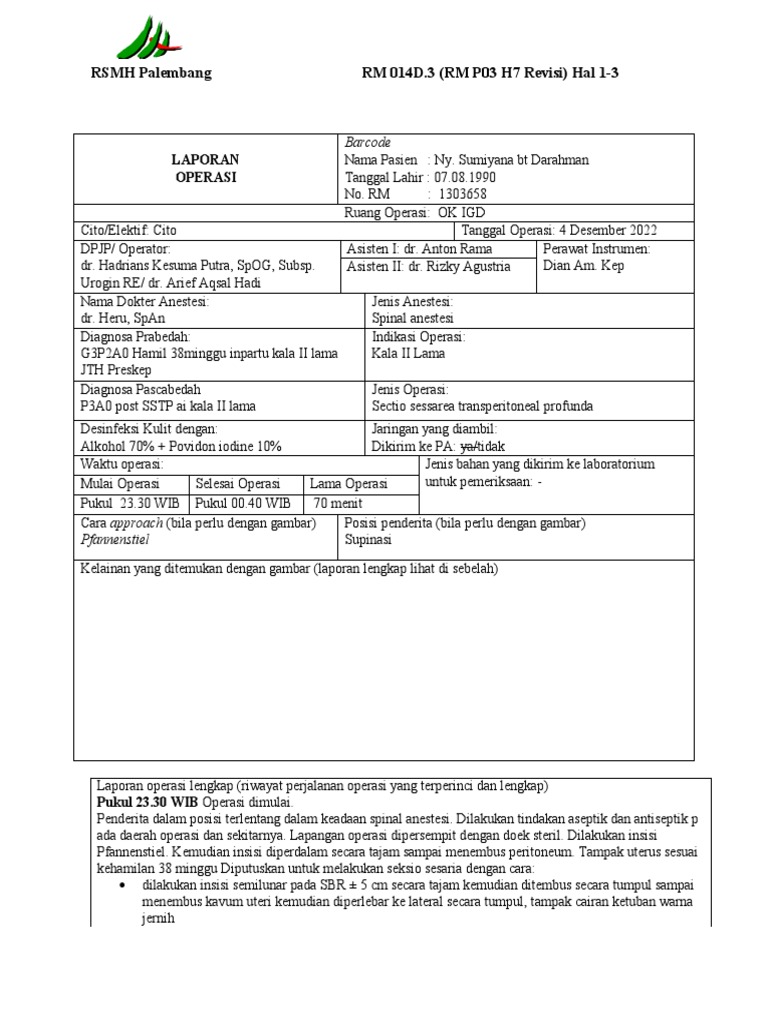 Laporan Operasi Sectio Caesarea | PDF
