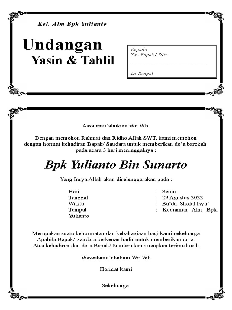 Undangan Yasin & Tahlil Bpk Yulianto | PDF