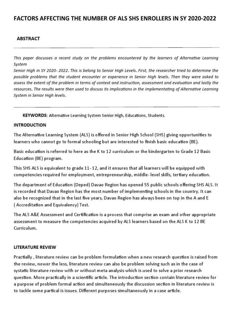 Factors Affecting The Number of Als SHS Enrollers in Sy 2020 | PDF ...