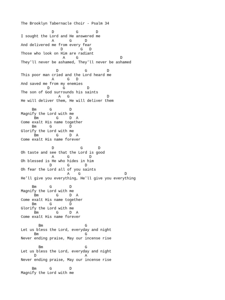 Psalm 34 Lyrics - Brooklyn Tabernacle | PDF