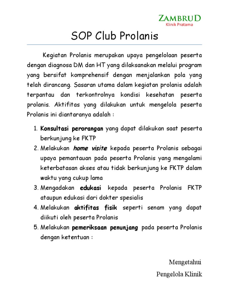 SOP Club Prolanis | PDF | Kesehatan Holistik