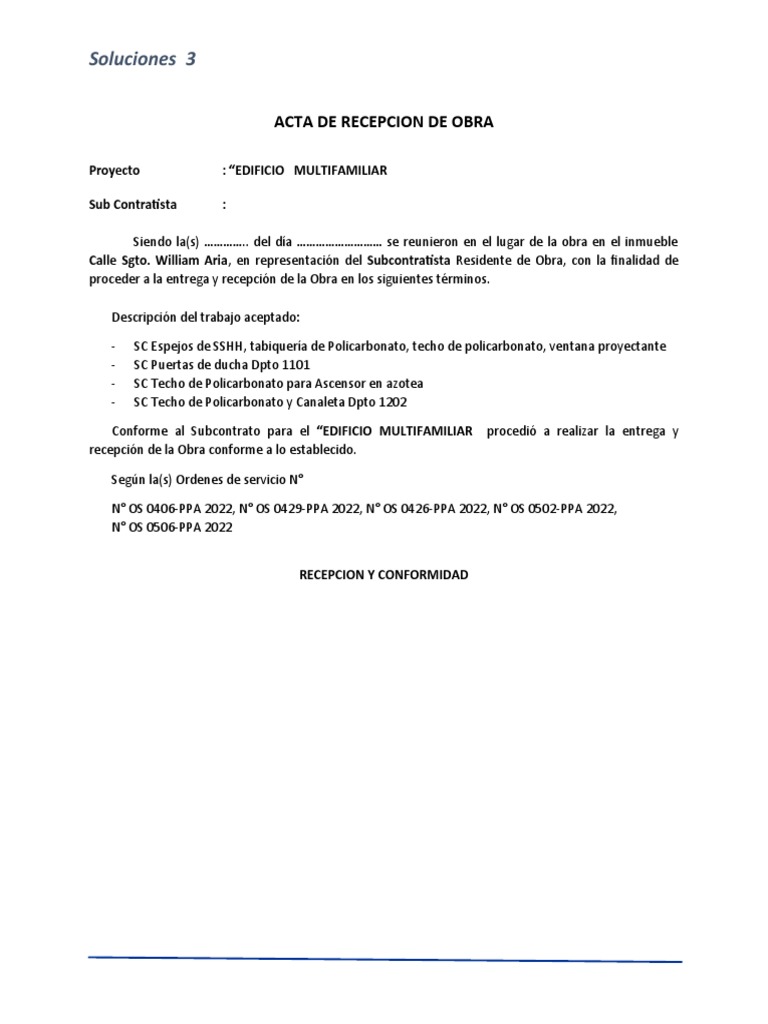 Acta de Recepcion de Obra | PDF