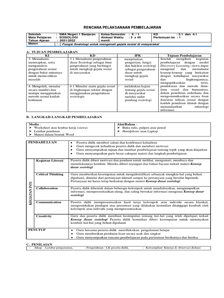 RPP Sosiologi Kelas X | PDF