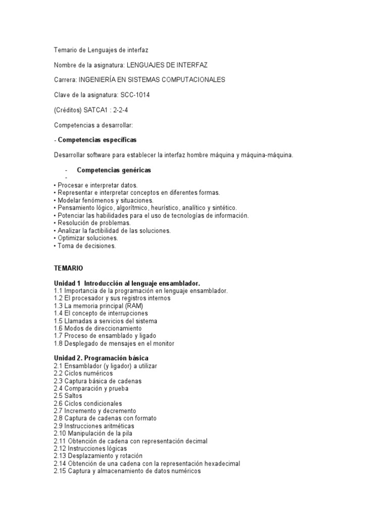 Temario de Lenguajes de Interfaz | PDF | Lenguaje ensamblador ...