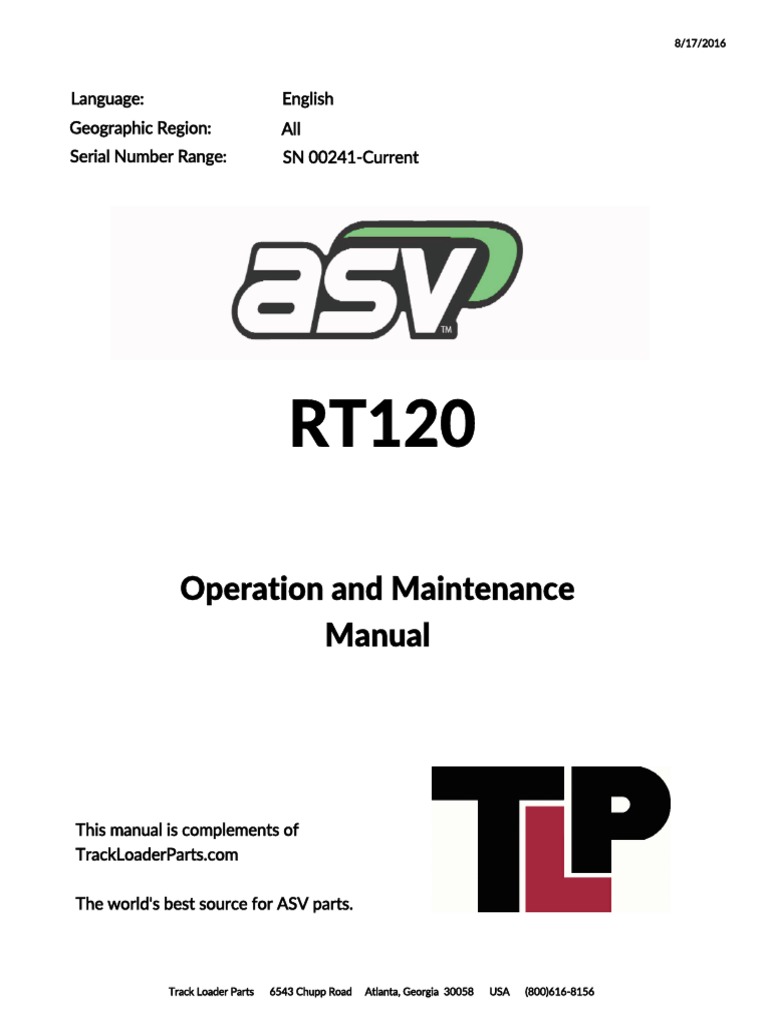 Asv Rt120 Operation and Maintenance Manual SN 00241 Current English All ...