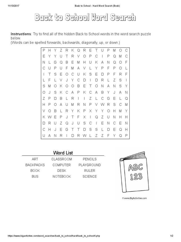 Back To School - Hard Word Search (Book) | PDF | Word Search | Puzzles