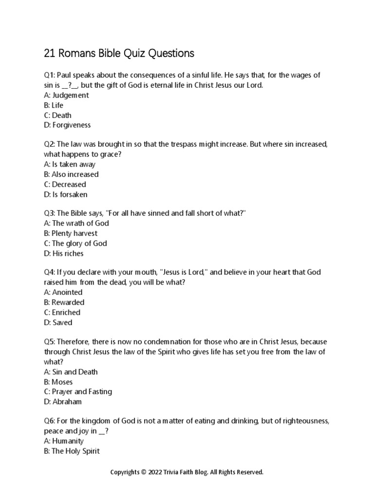 Romans Bible Quiz Questions and Answers | PDF | Epistle To The Romans ...