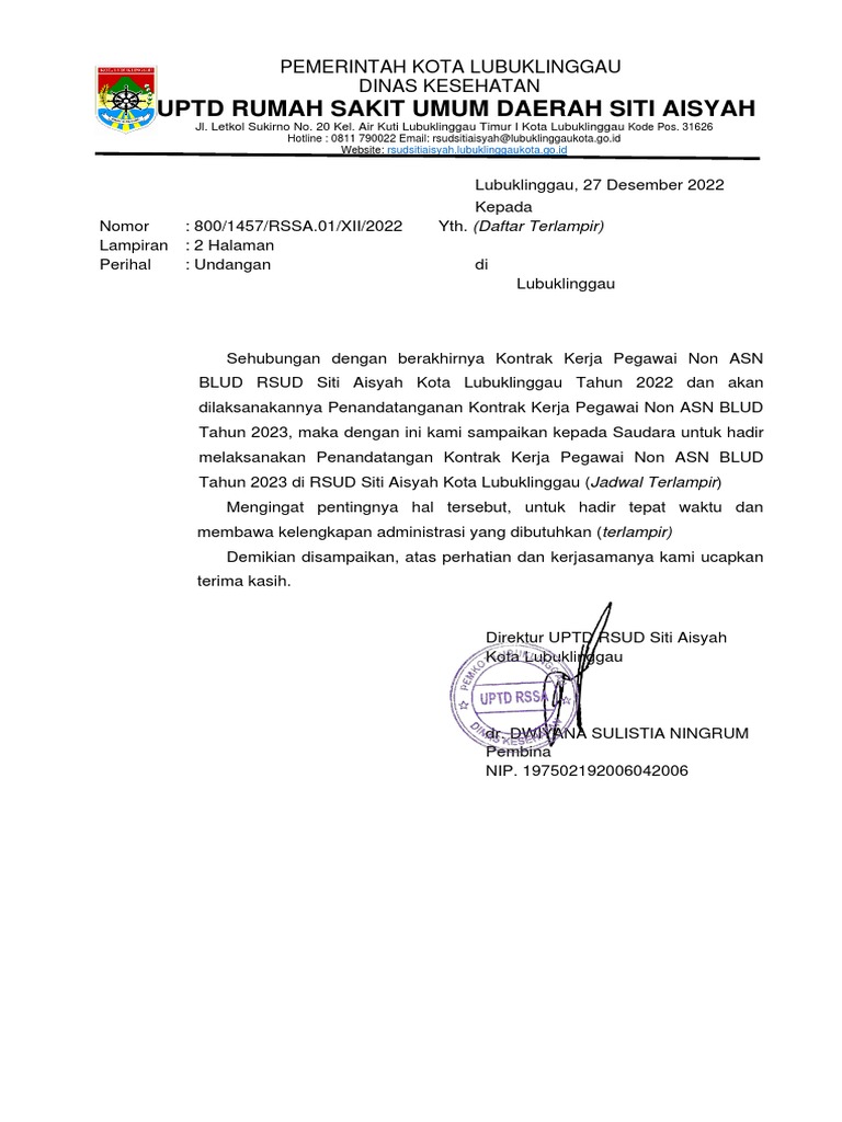 Undangan Penandatanganan Kontrak Kerja Non ASN BLUD | PDF