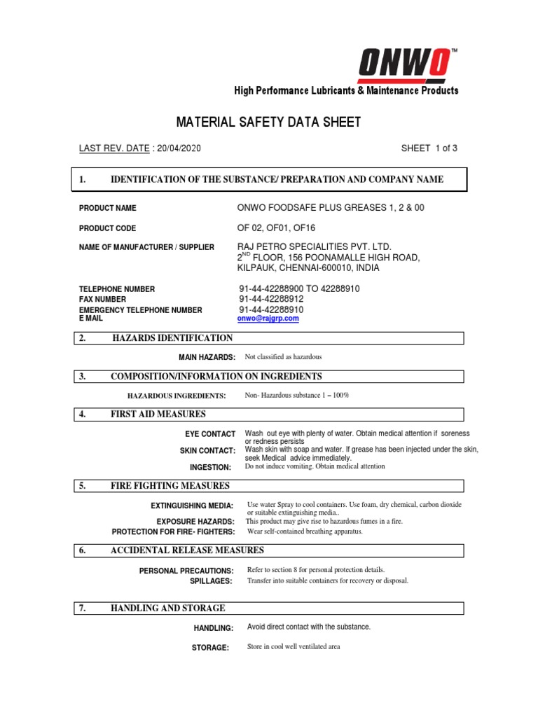 MSDS Foodsafe Plus Greases 2, 1 & 00 | PDF | Chemistry | Physical Sciences