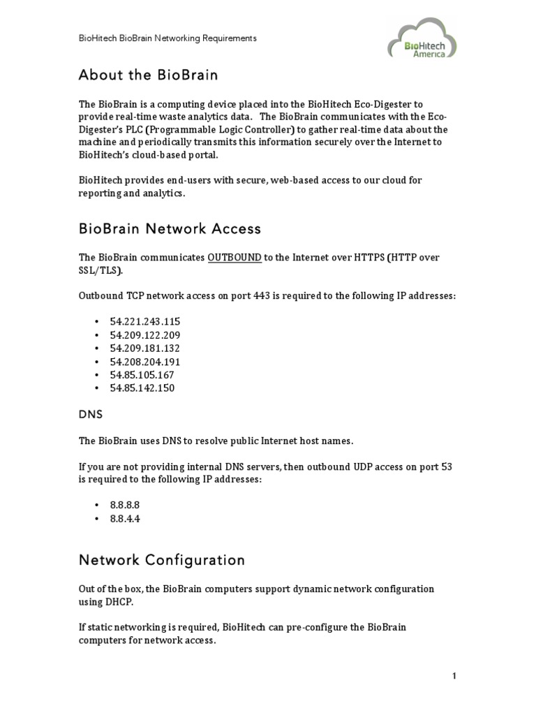 BioHitech BioBrain Network Configuration | PDF | Ip Address | Computer Network