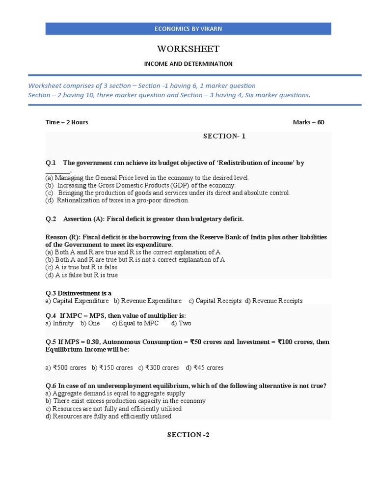 Income Determination Worksheet for Economics | PDF | Fiscal Multiplier ...
