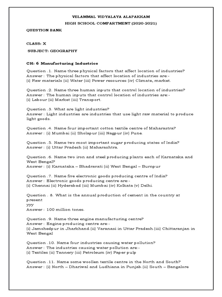 Geography Question Bank: Manufacturing Industries | PDF | Air Pollution ...