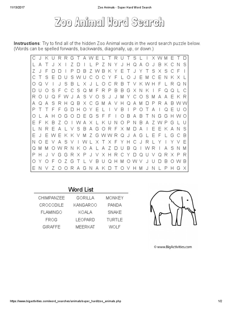 Zoo Animals - Super Hard Word Search | PDF | Word Search | Organisms