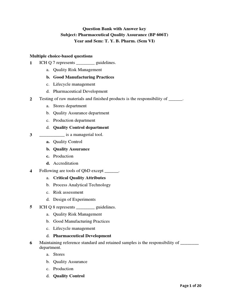 Pharmaceutical Quality Assurance Question Bank | PDF | Quality ...