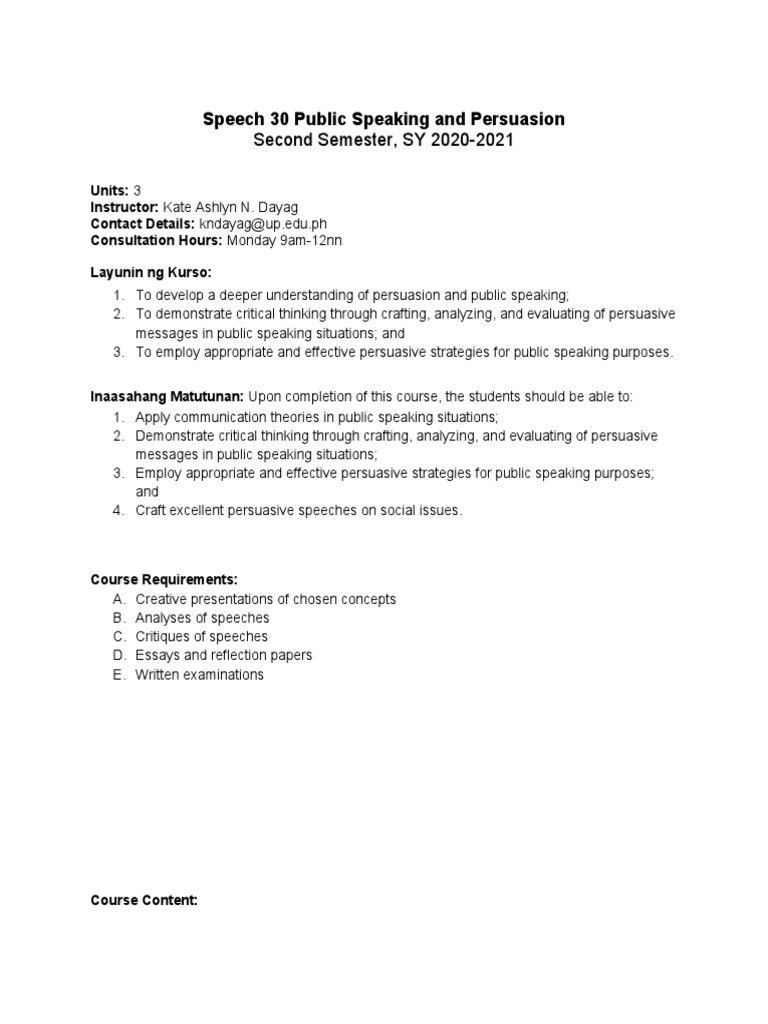 Speech 30 Syllabus | PDF | Public Speaking | Rhetoric