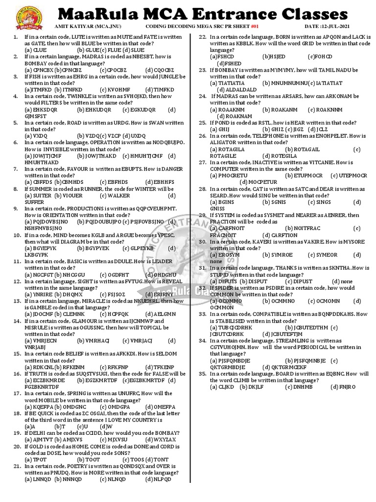 15 Rankers Batch Coding Decoding Special Sheet 01 Without Asnwerkey Pdf 