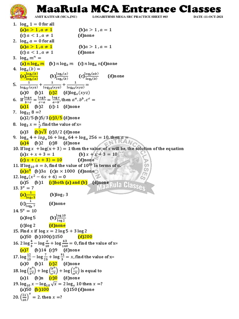 6logarithms Mega Combo SRC Practice Sheet 03 Answer Key 11 Oct 2021 | PDF | Logarithm | Numbers