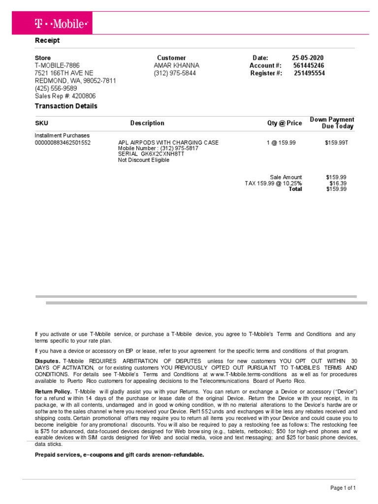 Receipt for purchase of AirPods from T-Mobile store | PDF | T Mobile Us | Receipt