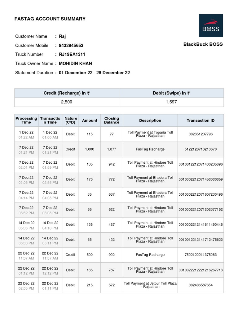 IDFC FASTag Summary1672234138849 | PDF | Debit Card | Credit Card