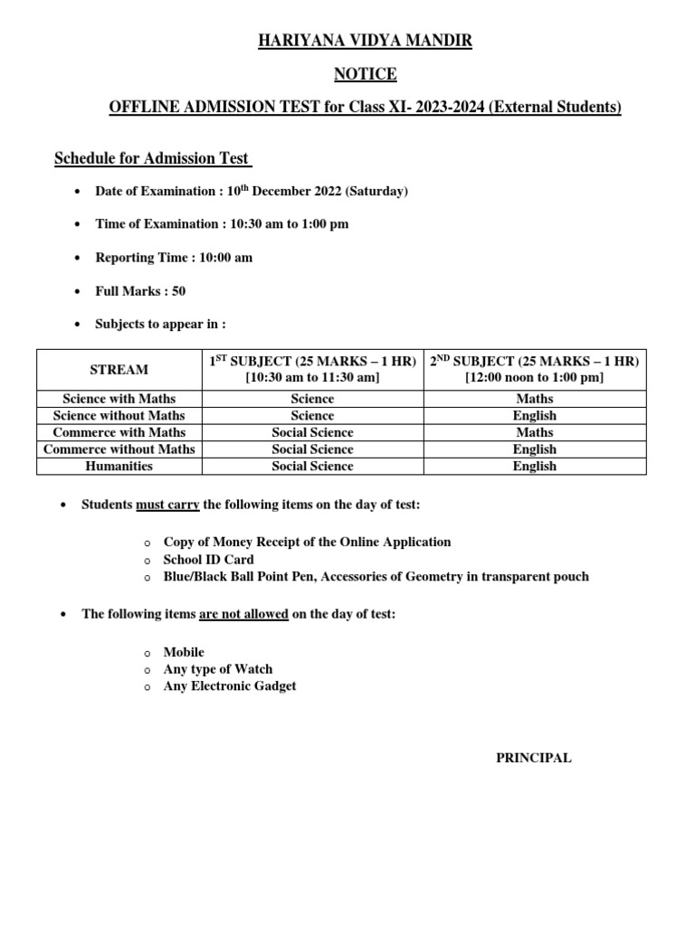 Offline Admission Test Notice 2023-24 | PDF