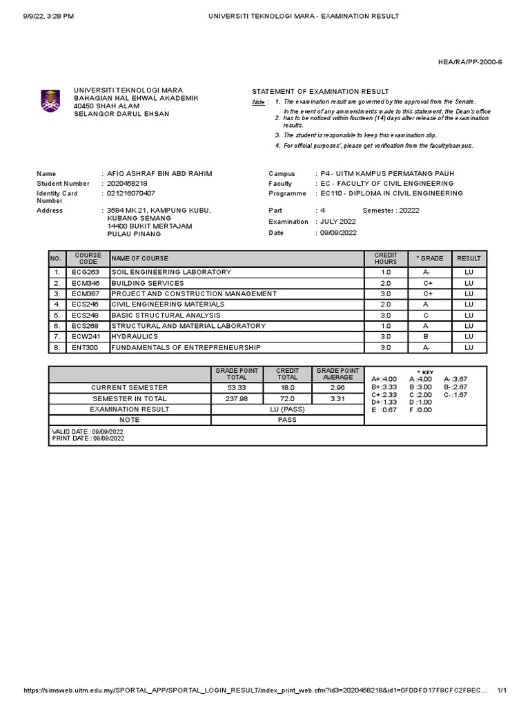 Universiti Teknologi Mara - Examination Result | PDF