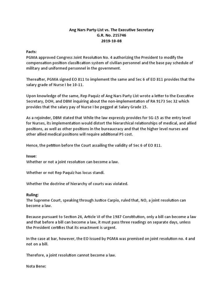 Ang Nars Party-List vs. The Executive Secretary | PDF | Bill (Law ...