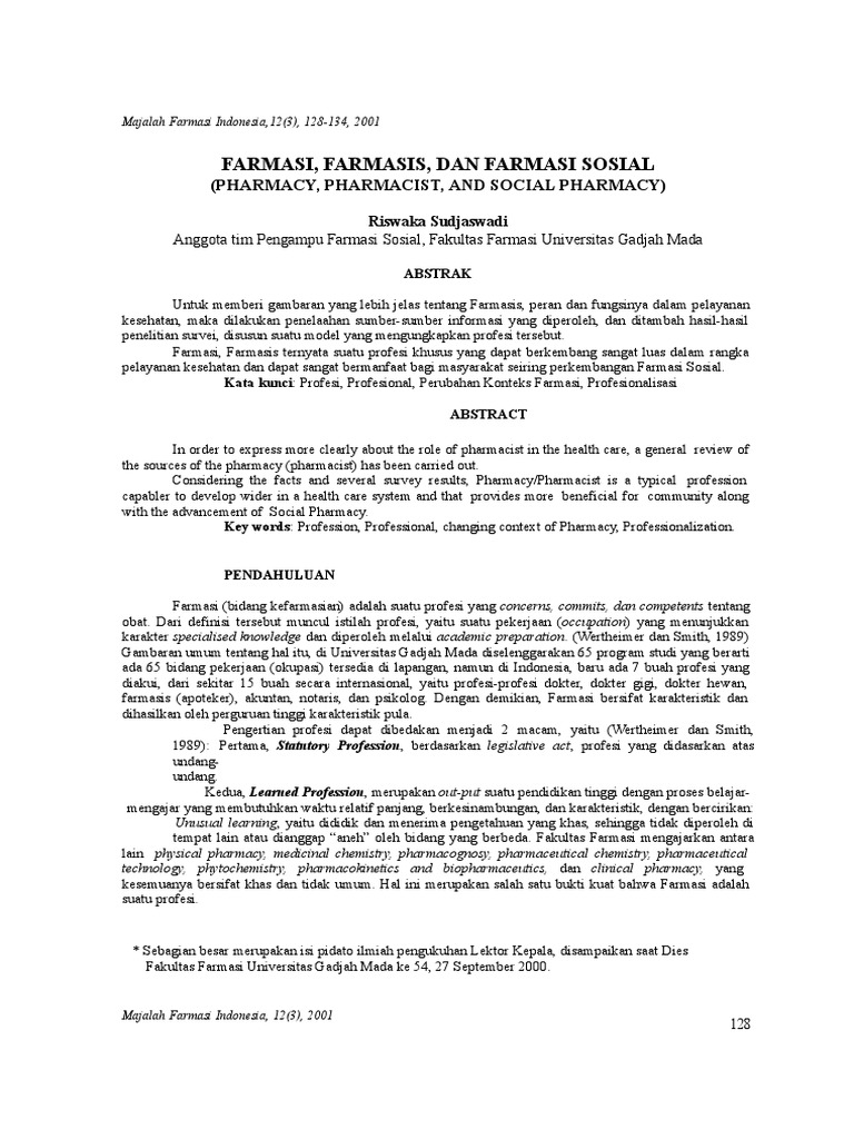 Farmasi, Farmasis, Dan Farmasi Sosial: (Pharmacy, Pharmacist, and Social Pharmacy) | PDF