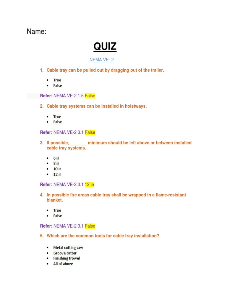 NEMA VE - 2 QUIZ With Answers | Download Free PDF | Electrical ...